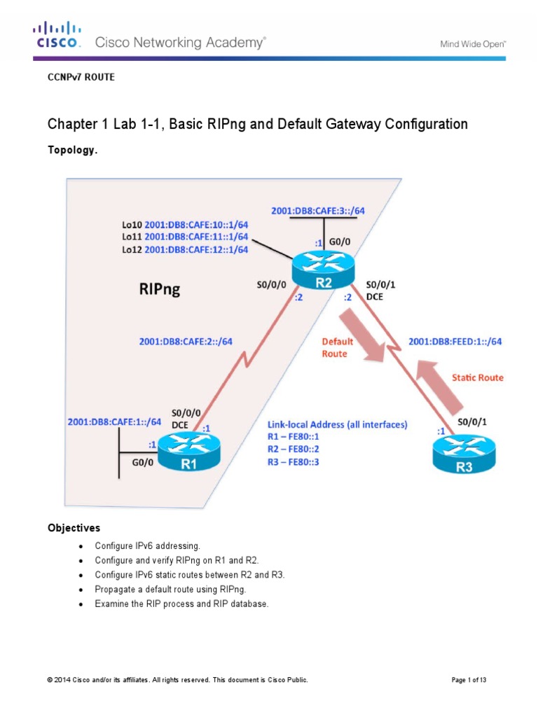 Chapter 1 Lab 1-1, Basic Ripng and Default Gateway Configuration | PDF | Router (Computing) | I Pv6