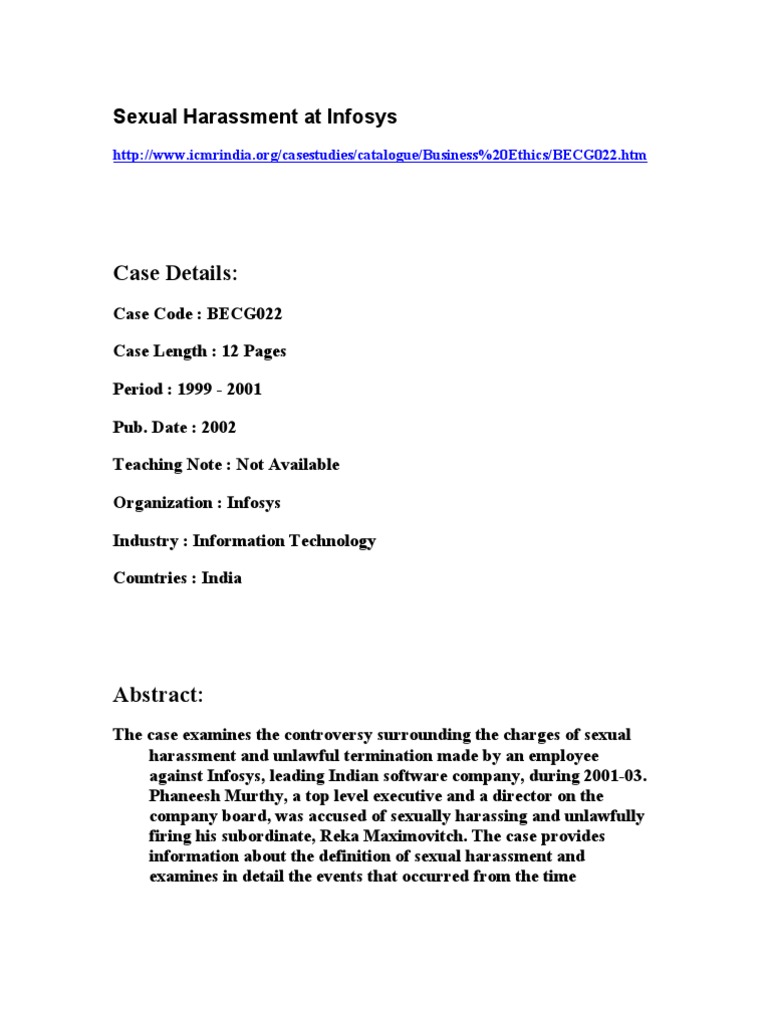 Case Details:: Sexual Harassment at Infosys | PDF | Sexual Harassment ...