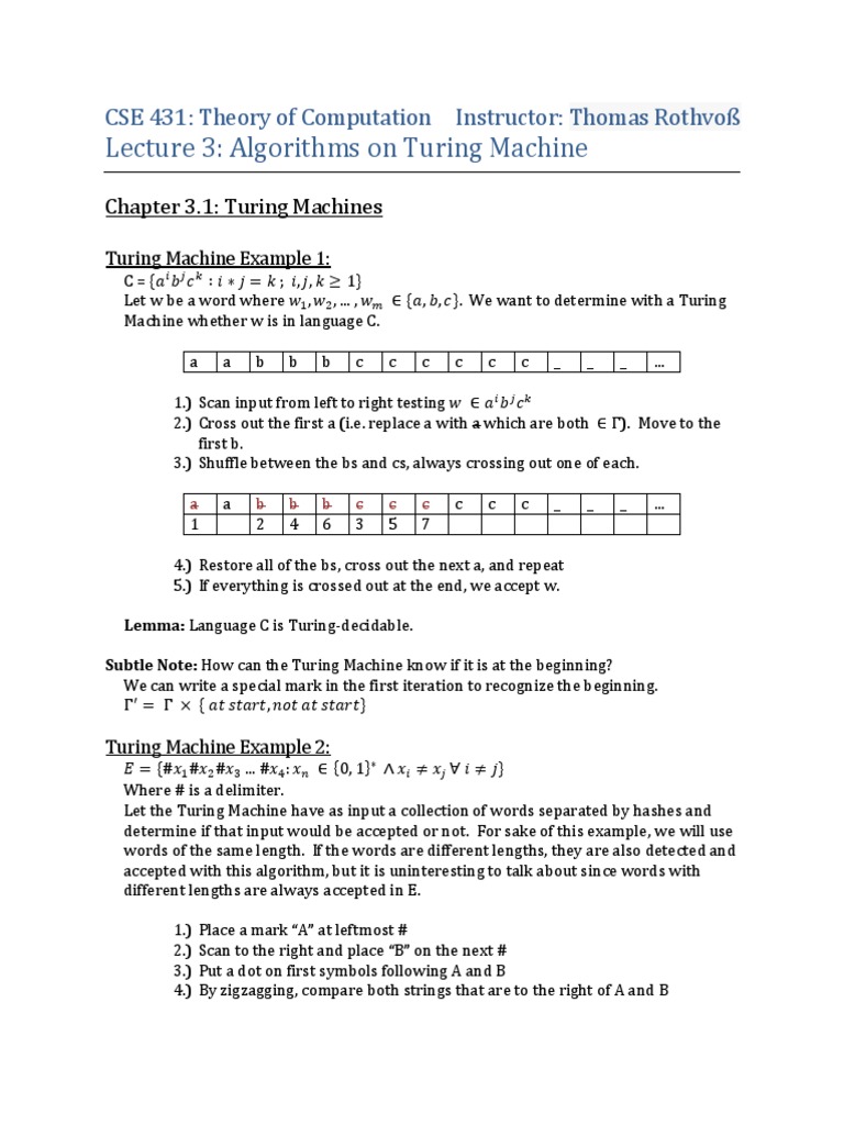 Lecture 3: Algorithms On Turing Machine: CSE 431: Theory of Computation ...