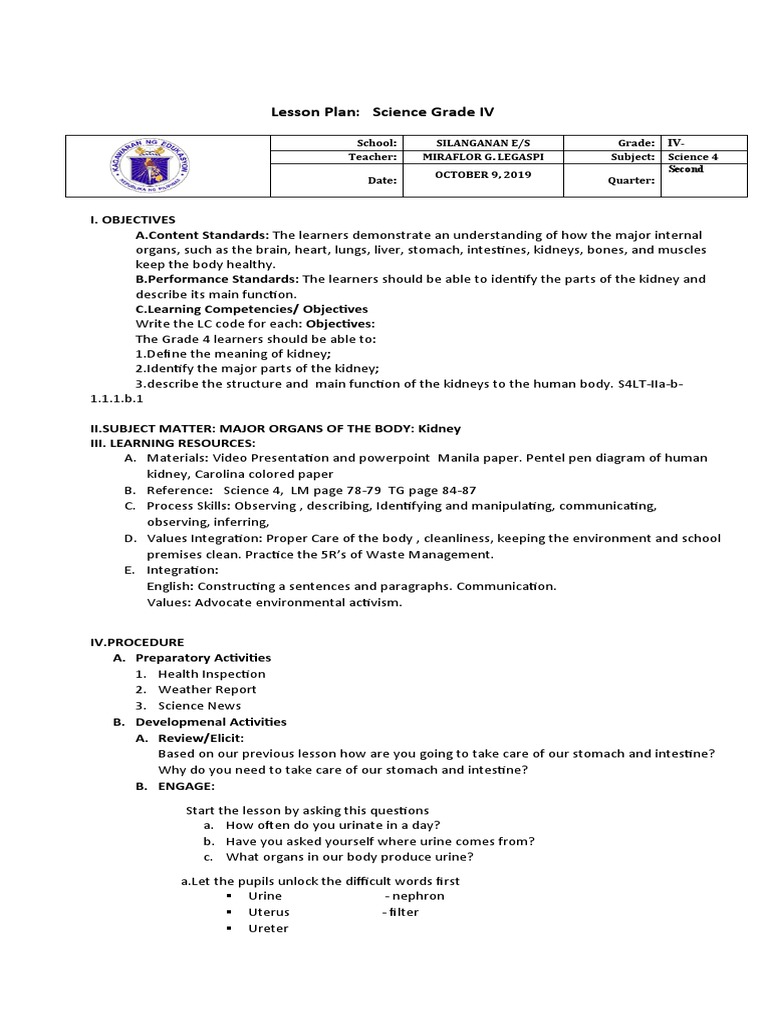 Lesson Plan: Science Grade IV | PDF | Kidney | Lesson Plan