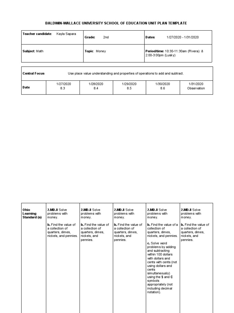 Math Unit Plan 1 27 2020-1 31 2020 | PDF | Educational Assessment ...