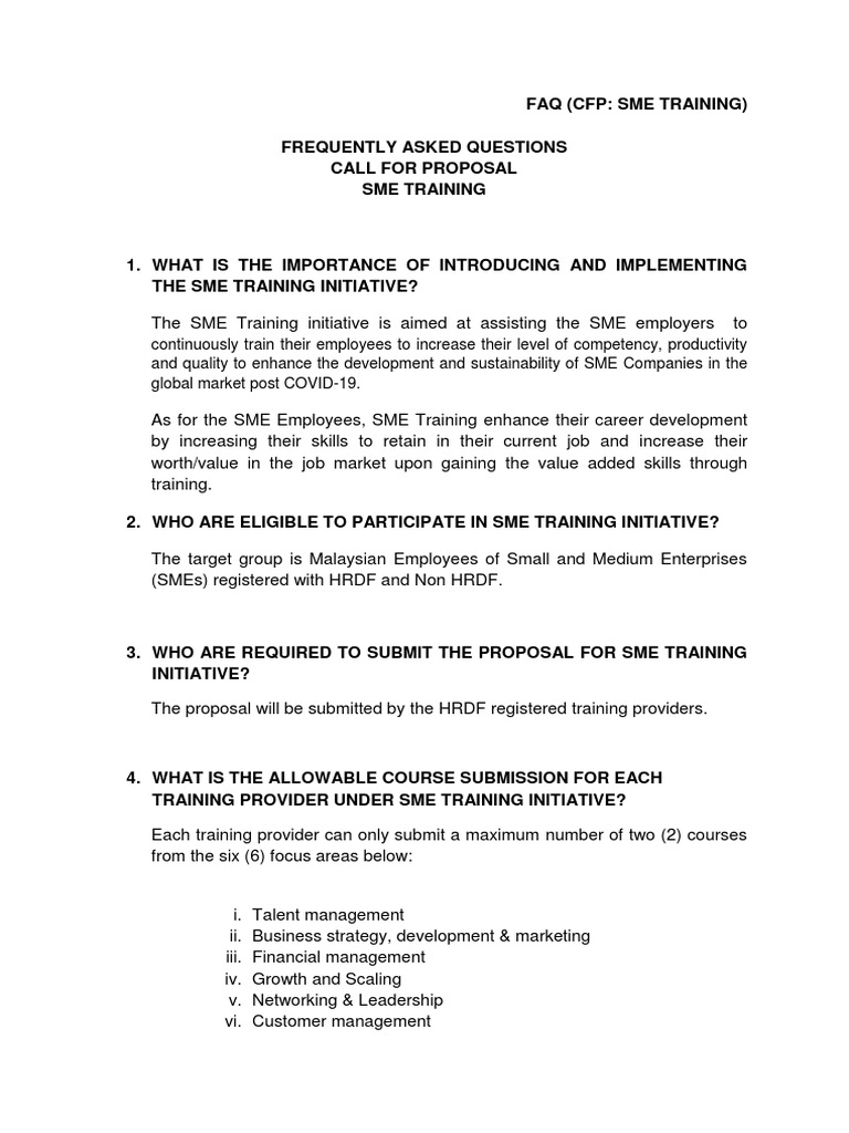 SME Training Call For Proposal FAQ | PDF | Small And Medium Sized ...