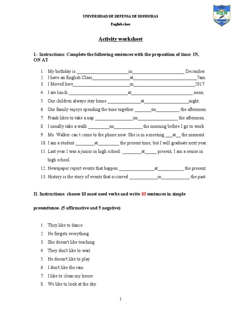Activity Worksheet: I.-Instructions: Complete The Following Sentences ...