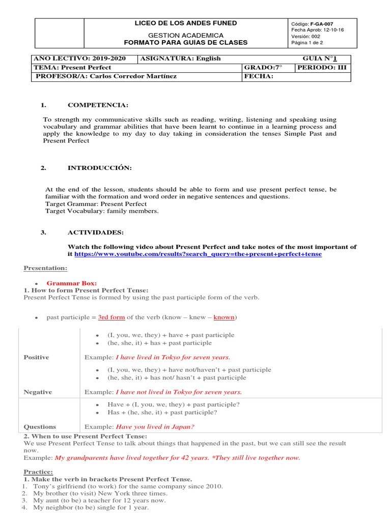 Guia Grado 7° Inglés | PDF | Perfect (Grammar) | Grammatical Tense