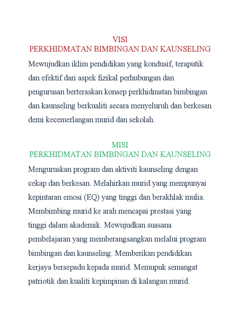 Visi Dan Misi Ubk Visi Perkhidmatan Bimbingan Dan Kaunseling | PDF