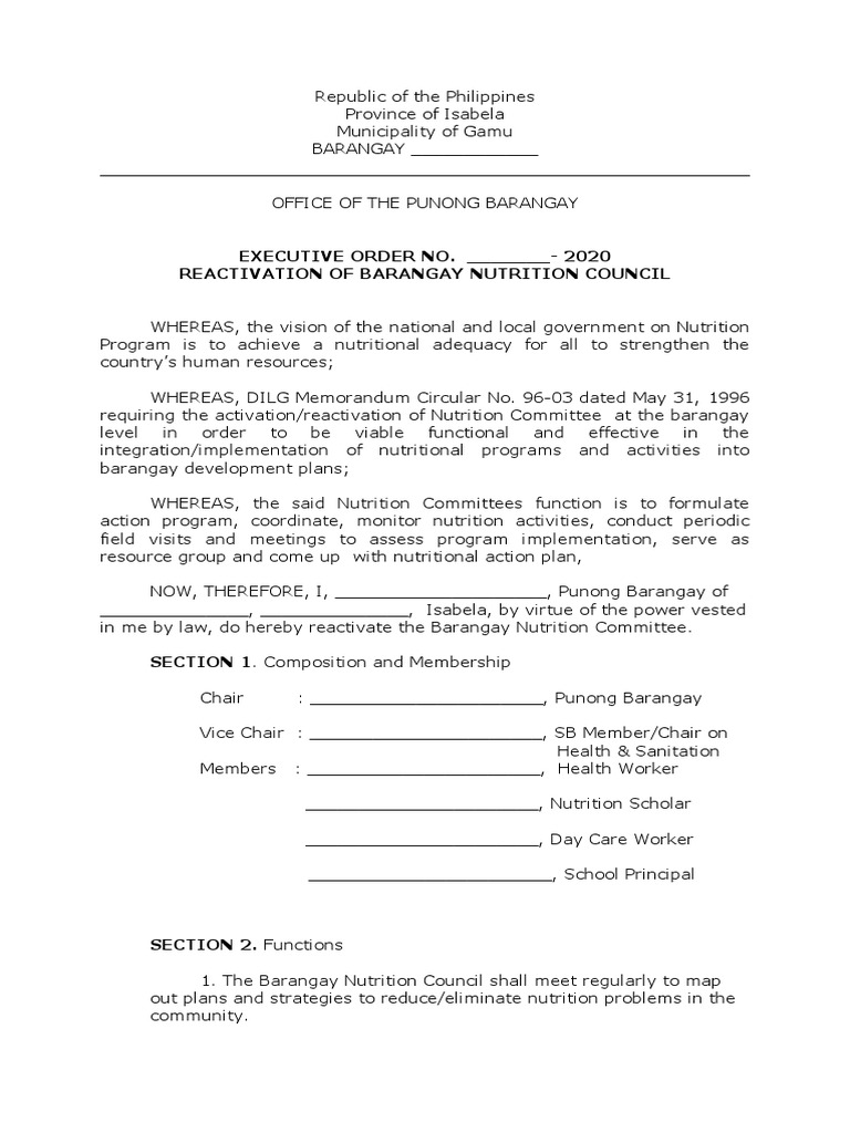 EXECUTIVE ORDER NO. - 2020 Reactivation of Barangay Nutrition Council | PDF