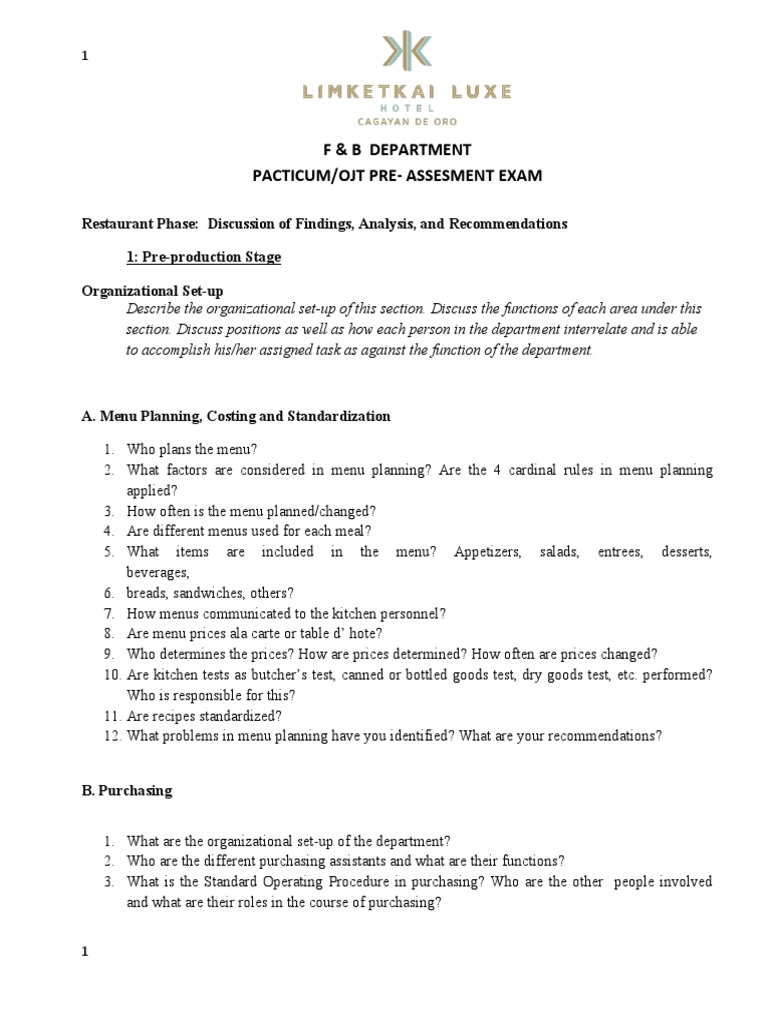 Practicum OJT Pre Assesment Exam | PDF | Menu | Waiting Staff
