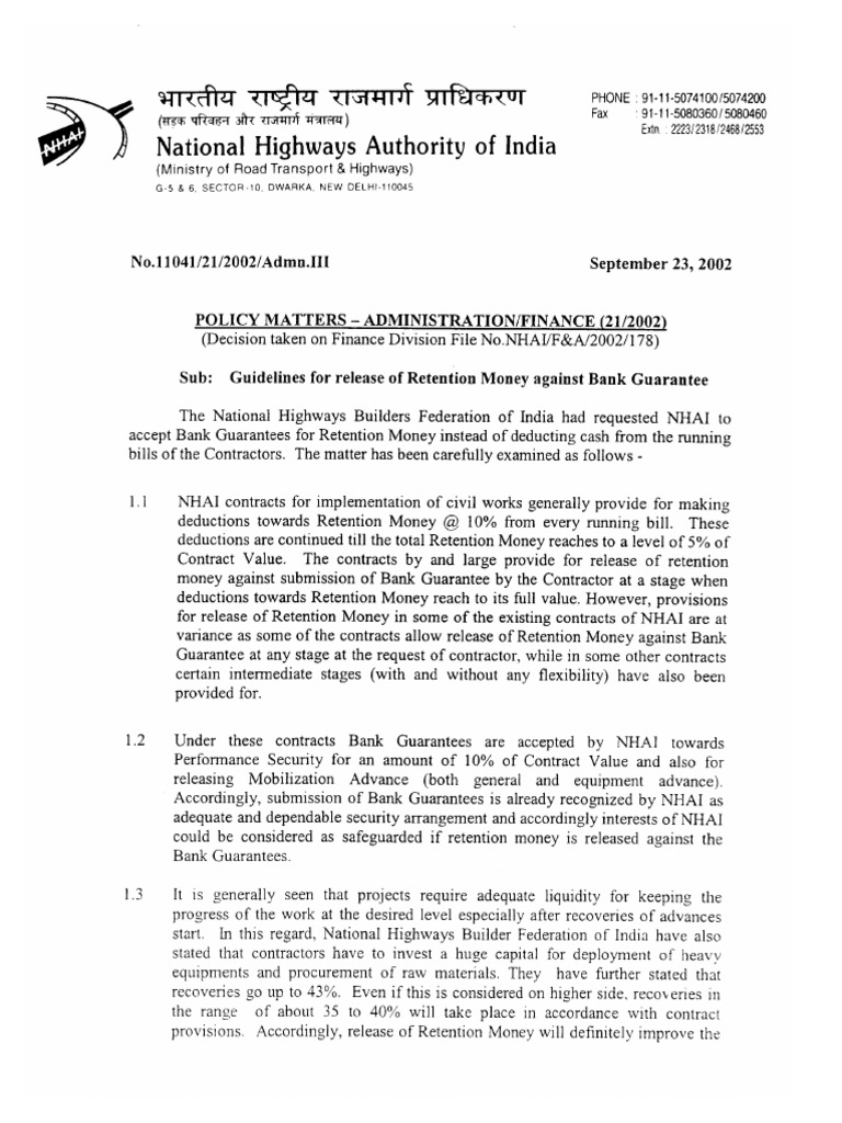Guidelines For Release of Retention Money Aginst BG 23.09.2002 | PDF