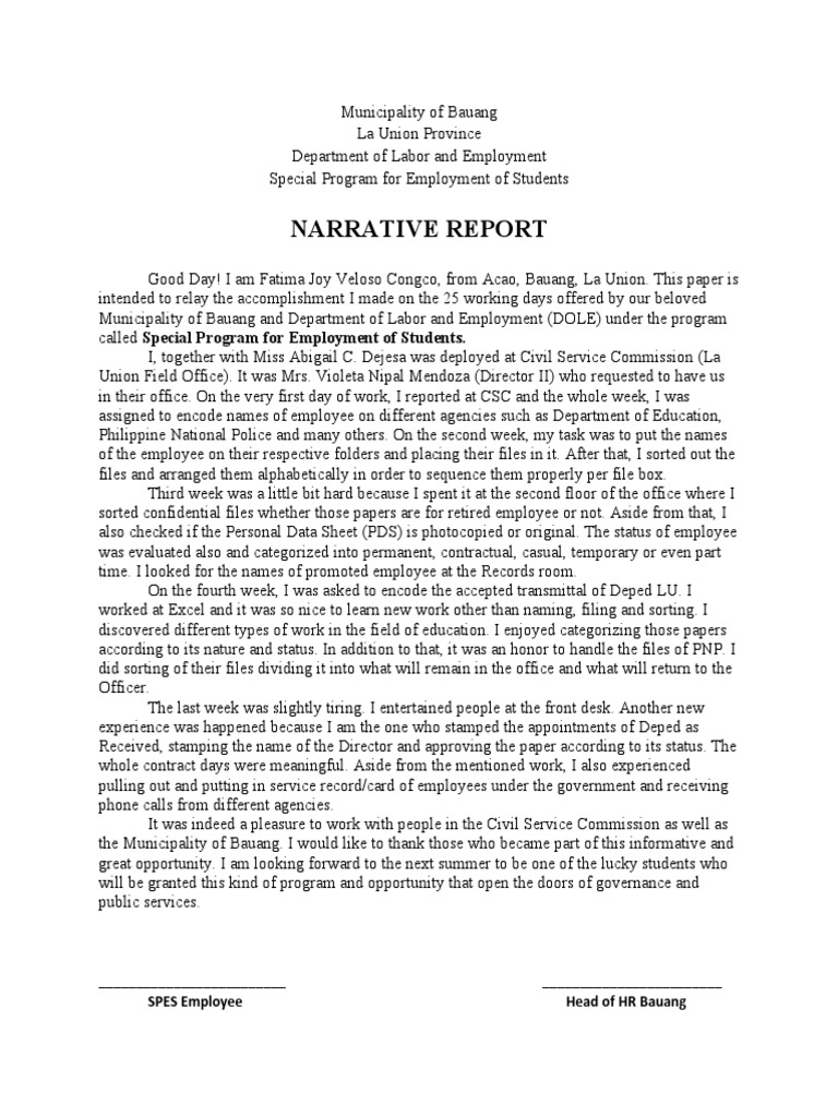 Narrative Report: SPES Employee | PDF | Government | Labour