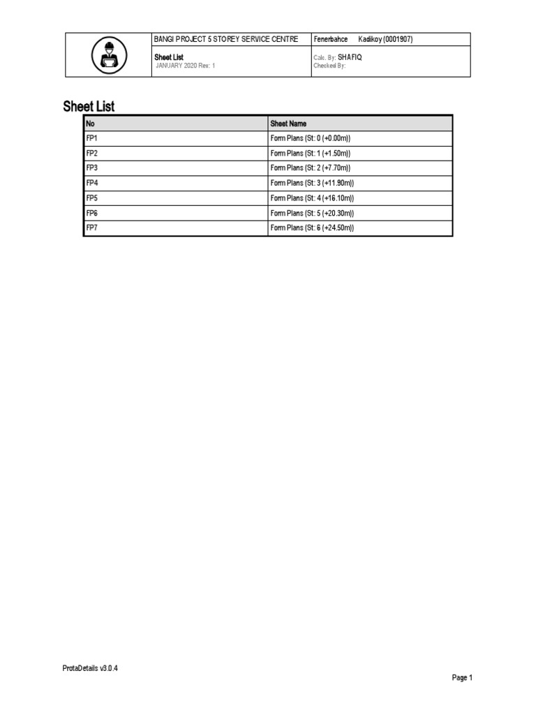 Sheet List: JANUARY 2020 Rev: 1 Calc. By: Checked by | PDF