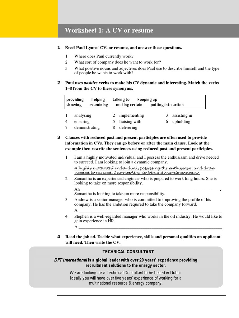 Worksheet 1: A CV or Resume: DFT International Is A Global Leader With ...