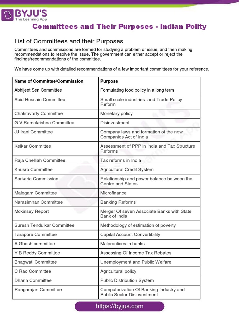 Committees and Their Purposes - Indian Polity | PDF | Economy Of India ...