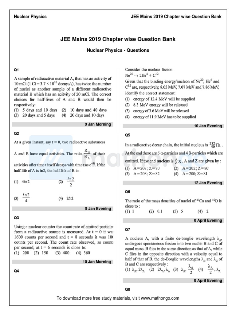 JEE Mains 2019 Chapter Wise Question Bank: Nuclear Physics - Questions ...