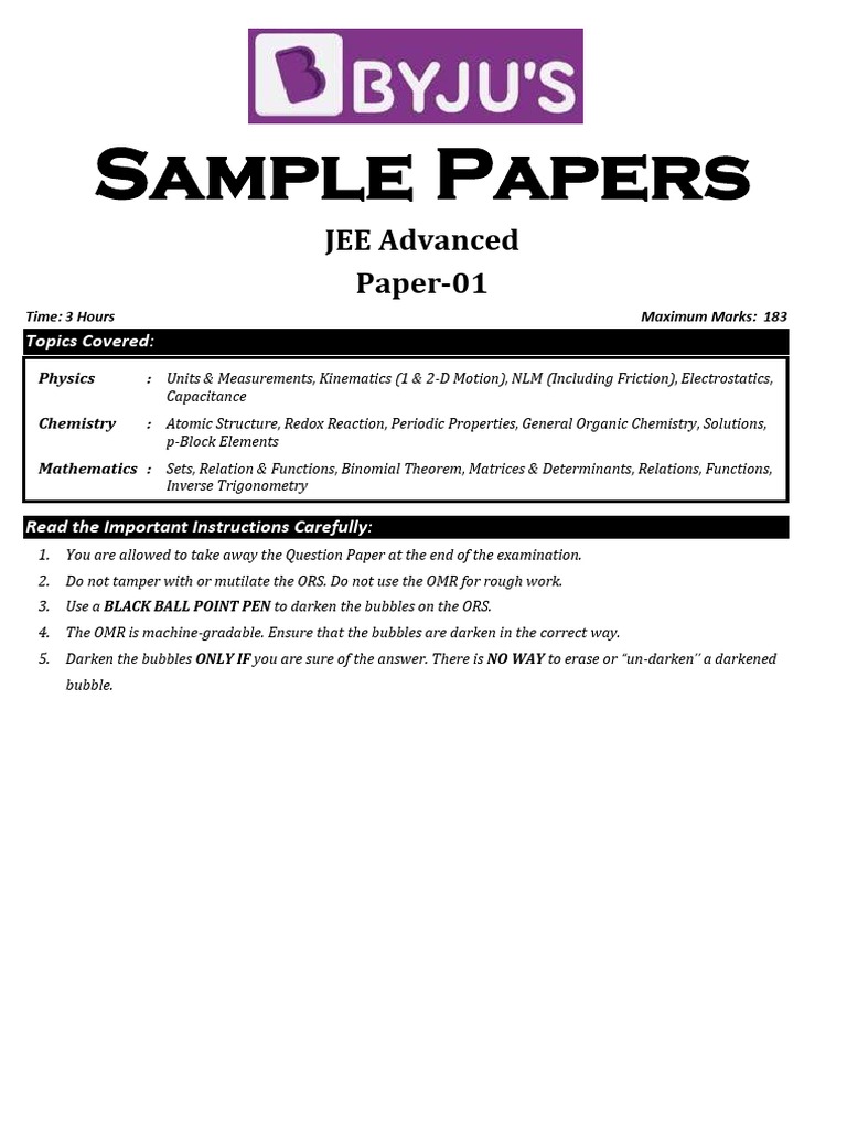 JEE Advanced Sample Paper Part I 1 PDF | PDF | Capacitor | Physical ...