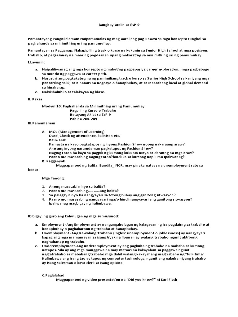 Banghay Aralin Sa EsP9 Modyul 16 | PDF