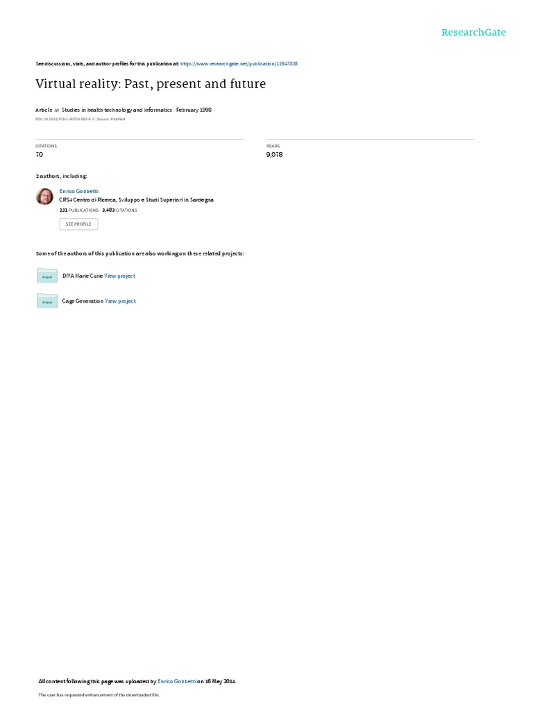 Virtual Reality: Past, Present and Future: Studies in Health Technology and Informatics February ...