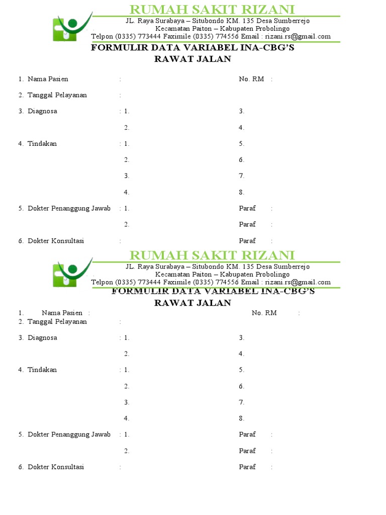 Formulir Data Variabel Ina CBGS RJ | PDF
