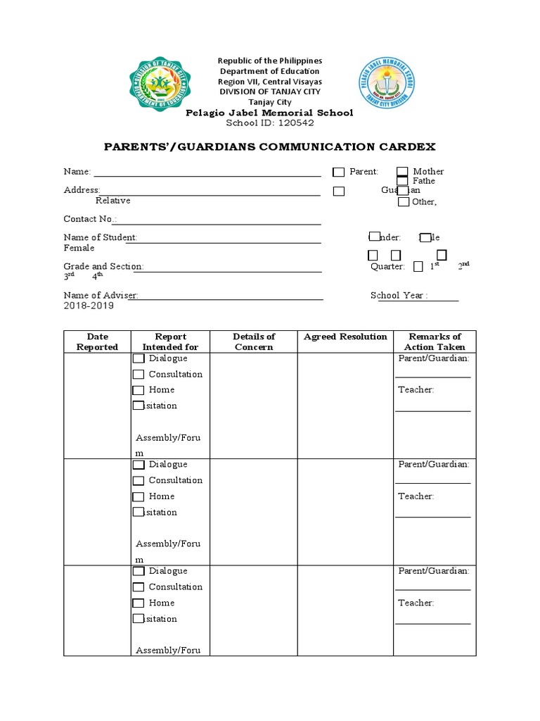 Parents'/Guardians Communication Cardex: Pelagio Jabel Memorial School ...