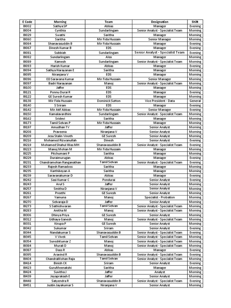 E Code Morning Team Designation Shift: Senior Analyst - Specialist Team ...