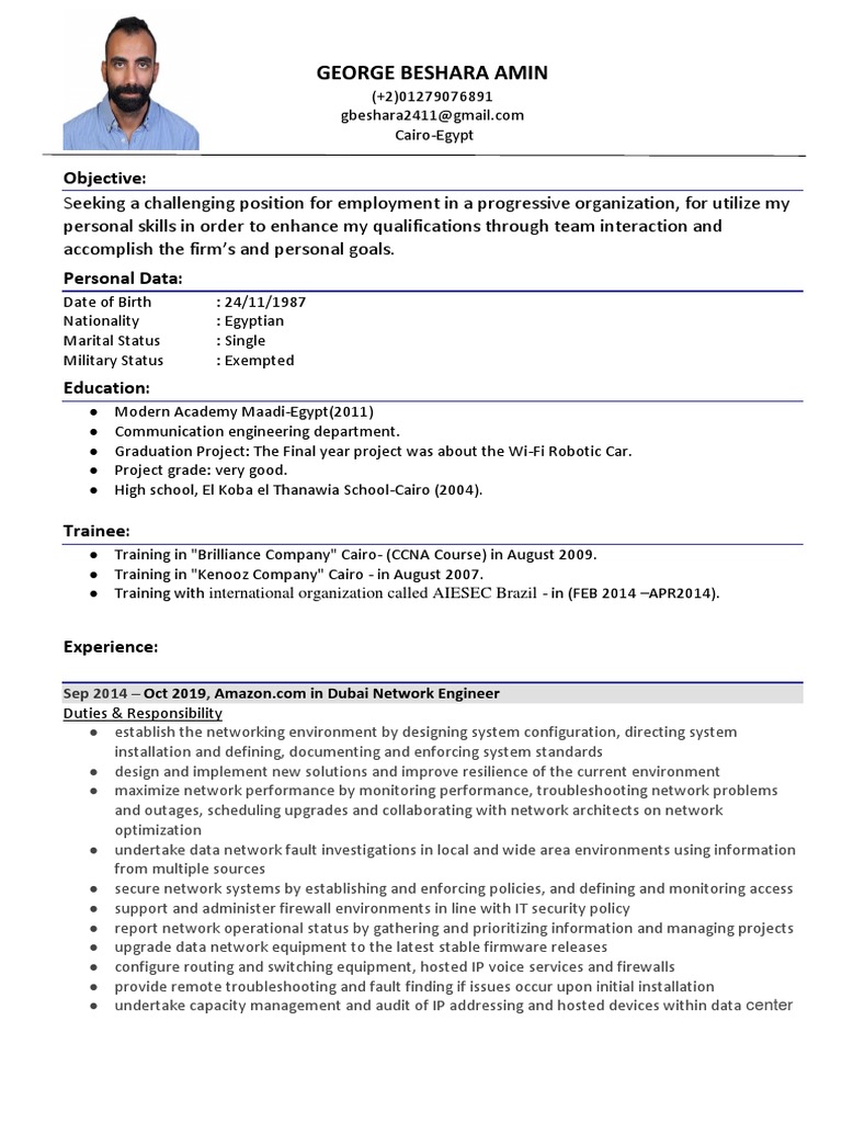 George Beshara Amin: Objective | PDF | Technical Support | Computer Network