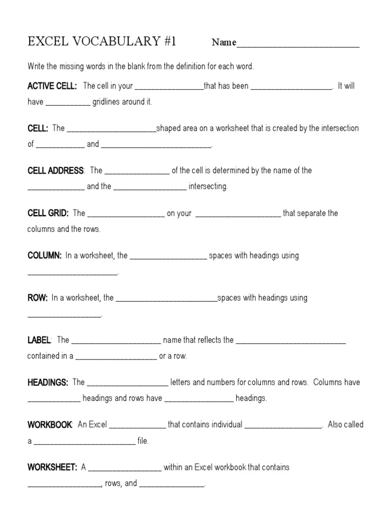 Excel Vocabulary #1: Name | PDF | Worksheet | Microsoft Excel