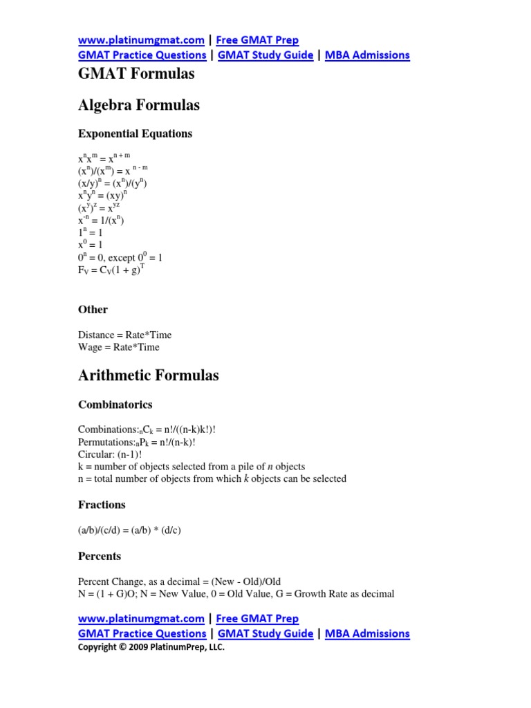 GMAT Formulas Algebra Formulas: Free GMAT Prep GMAT Practice Questions ...