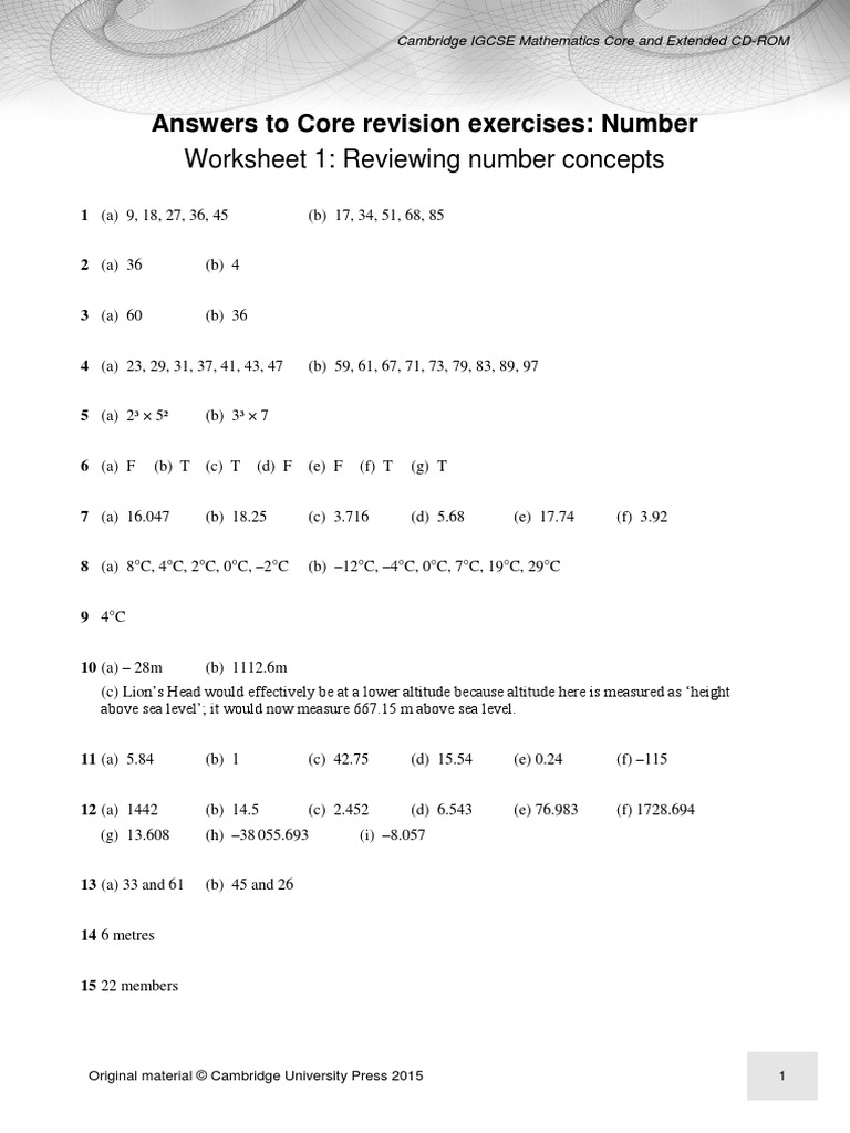 Answers To Core Revision Exercises: Number: Worksheet 1: Reviewing Number Concepts | PDF