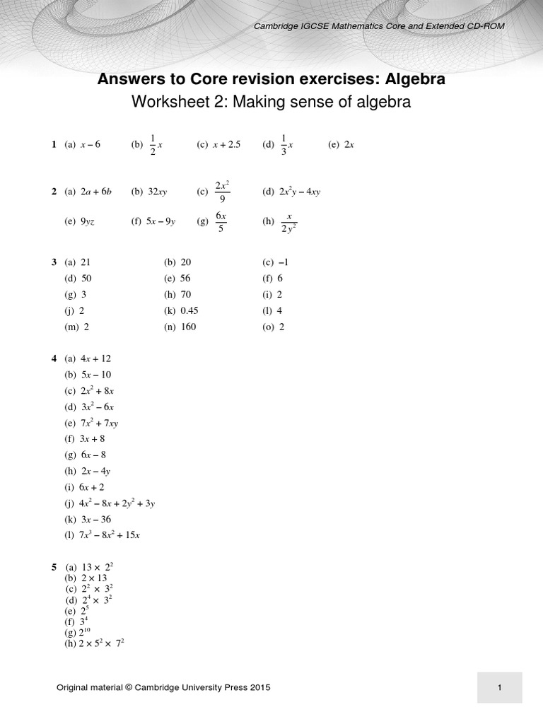 Answers To Core Revision Exercises: Algebra: Worksheet 2: Making Sense ...