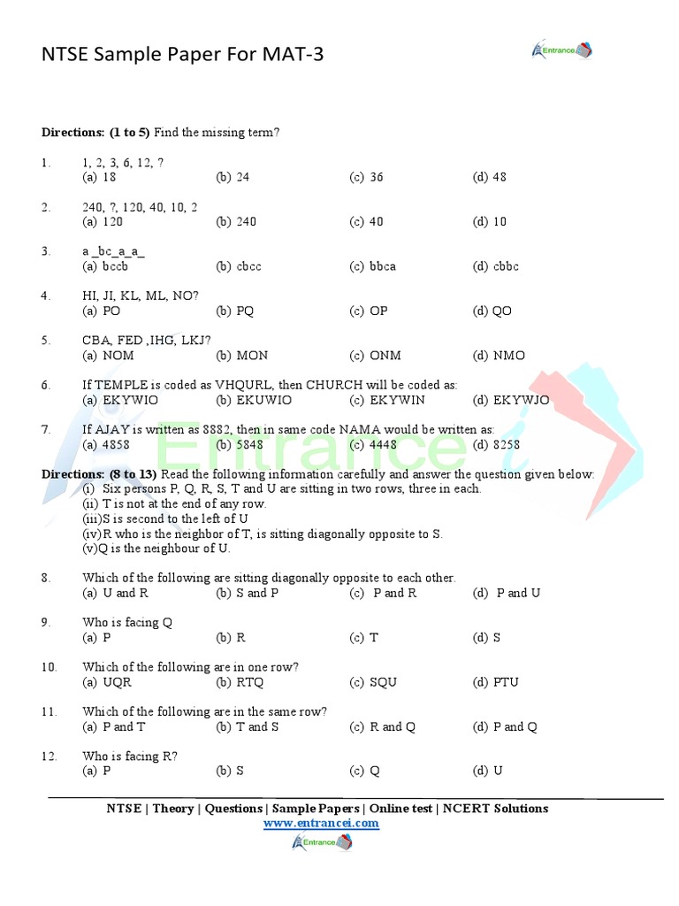 Ntse Sample Paper Mat 3 PDF | PDF | Teaching Mathematics | Nature