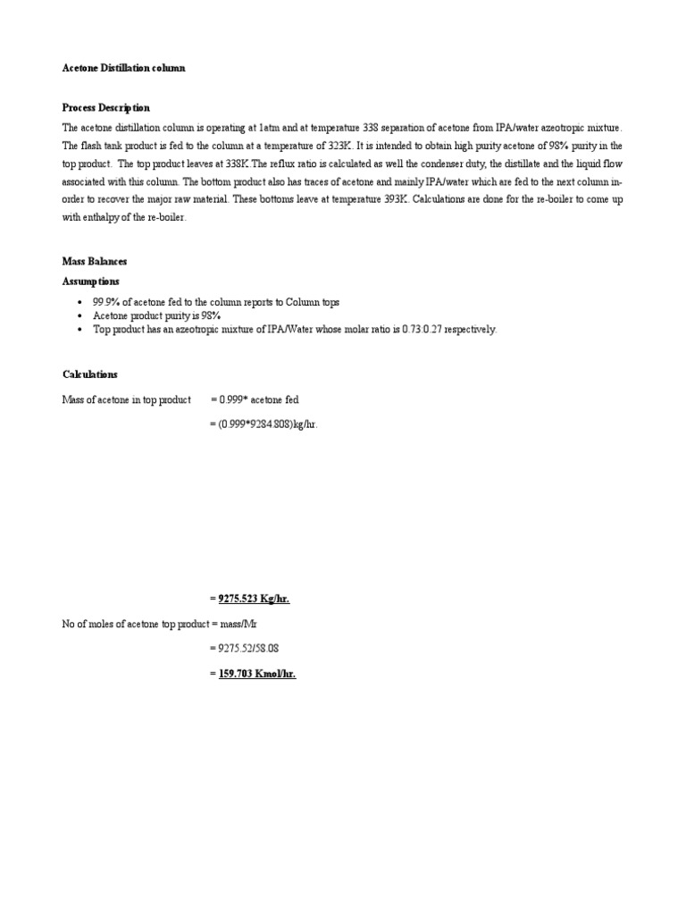 Acetone Distillation Process Overview | PDF | Distillation | Mole (Unit)