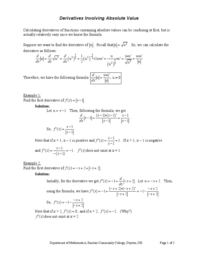 Derivatives Involving Absolute Value | PDF | Derivative | Functions And ...