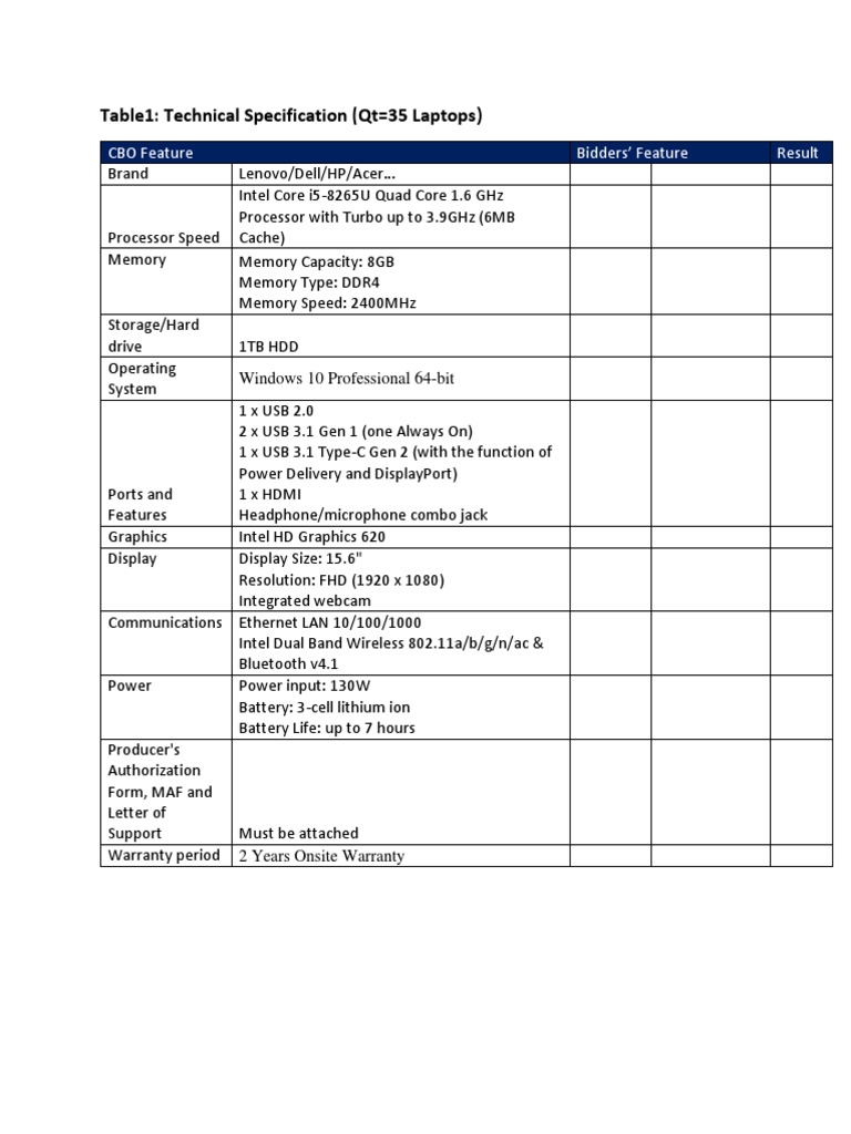 Technical Specification-Laptop (Business Staff) | PDF