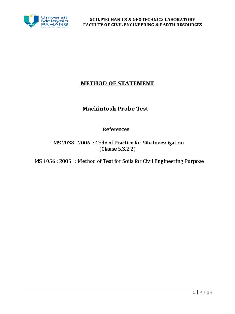 METHOD OF STATEMENT-Mackintosh Probe Test | PDF | Soil Mechanics ...