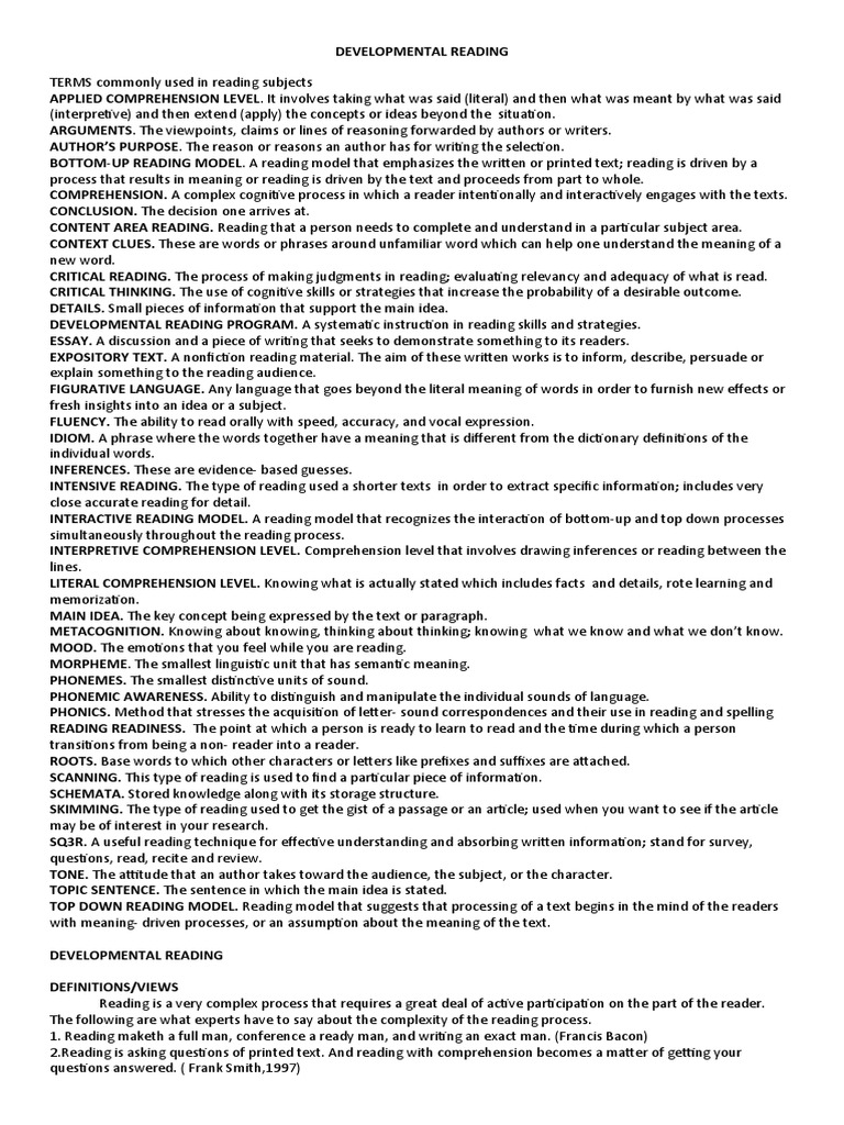 Developmental Reading Notes | PDF | Reading Comprehension | Fluency