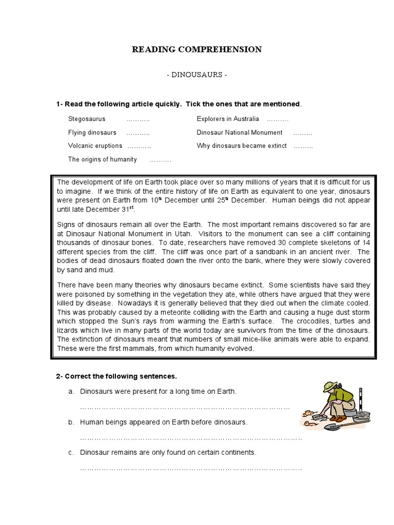 Dinosaurs Reading Comprehension Exercises - 2978 | PDF | Dinosaurs ...