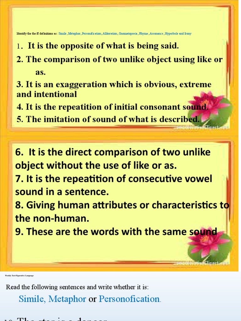 Simile, Metaphor, Personification, Alliteration, Onomatopoeia, Rhyme ...