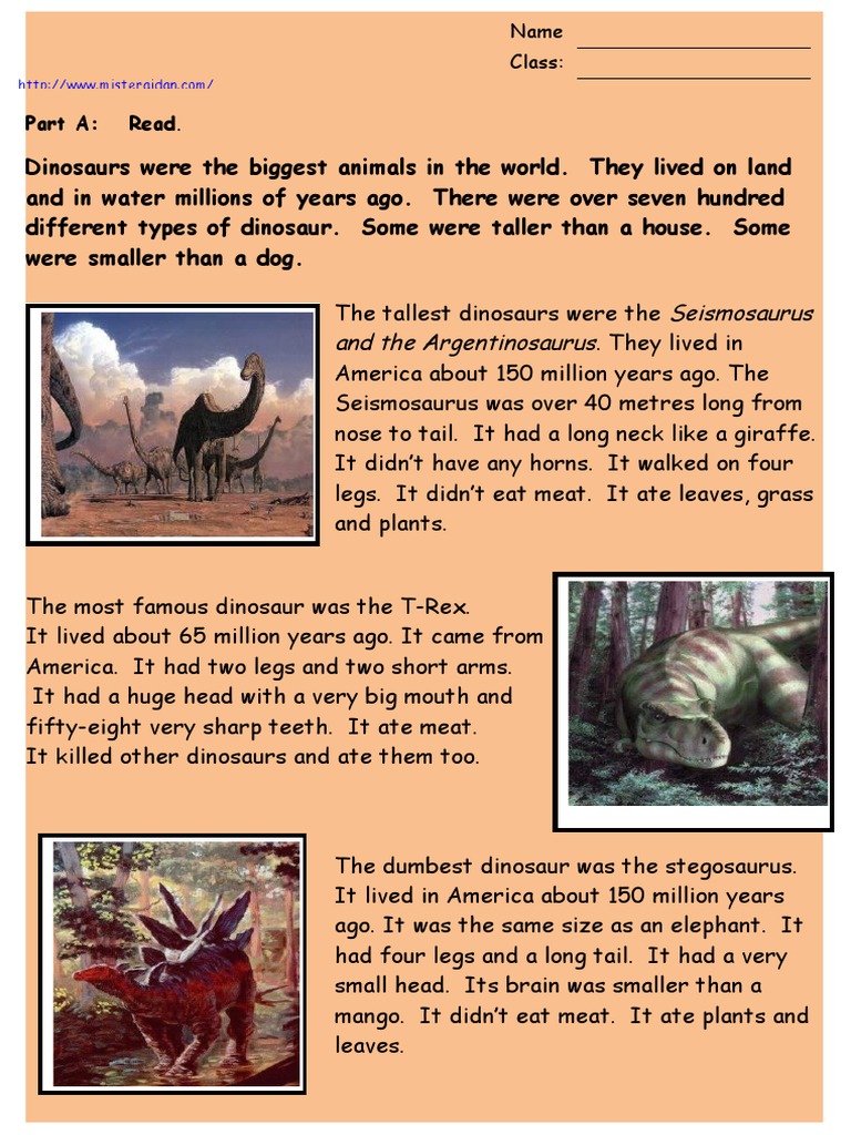 Dinosaur Facts Reading Comprehension Exercises - 24433 | Download Free ...