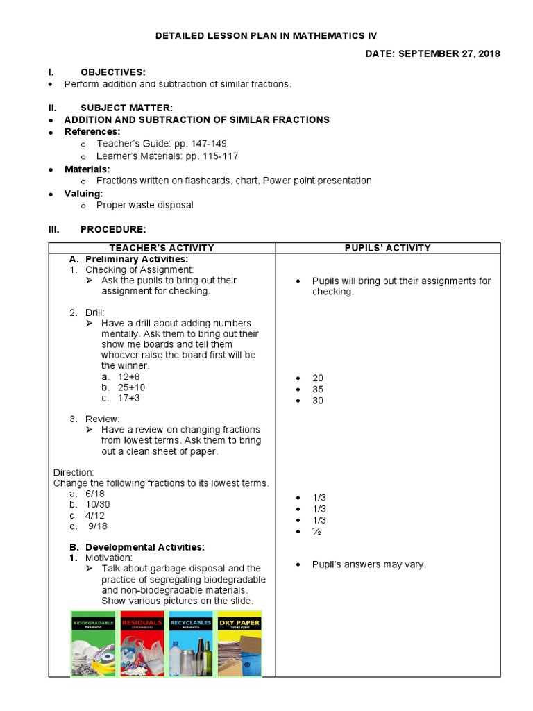Detailed Lesson Plan in Mathematics Iv | PDF | Fraction (Mathematics ...