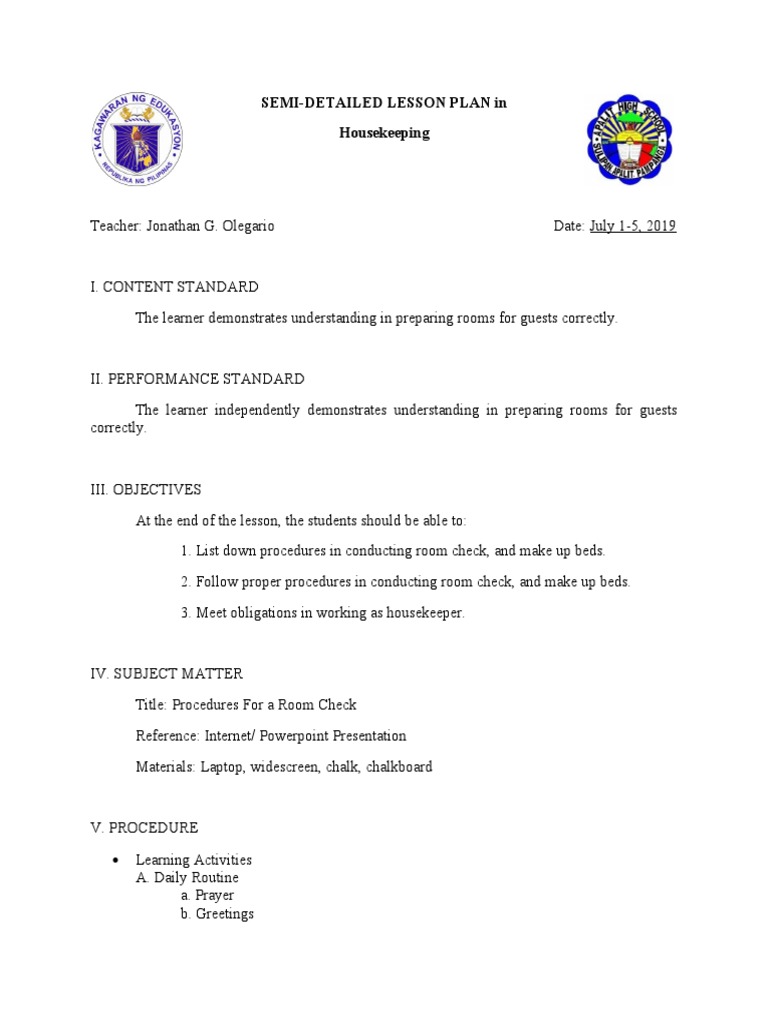 Semi-Detailed Lesson Plan in Housekeeping | Download Free PDF | Lesson ...