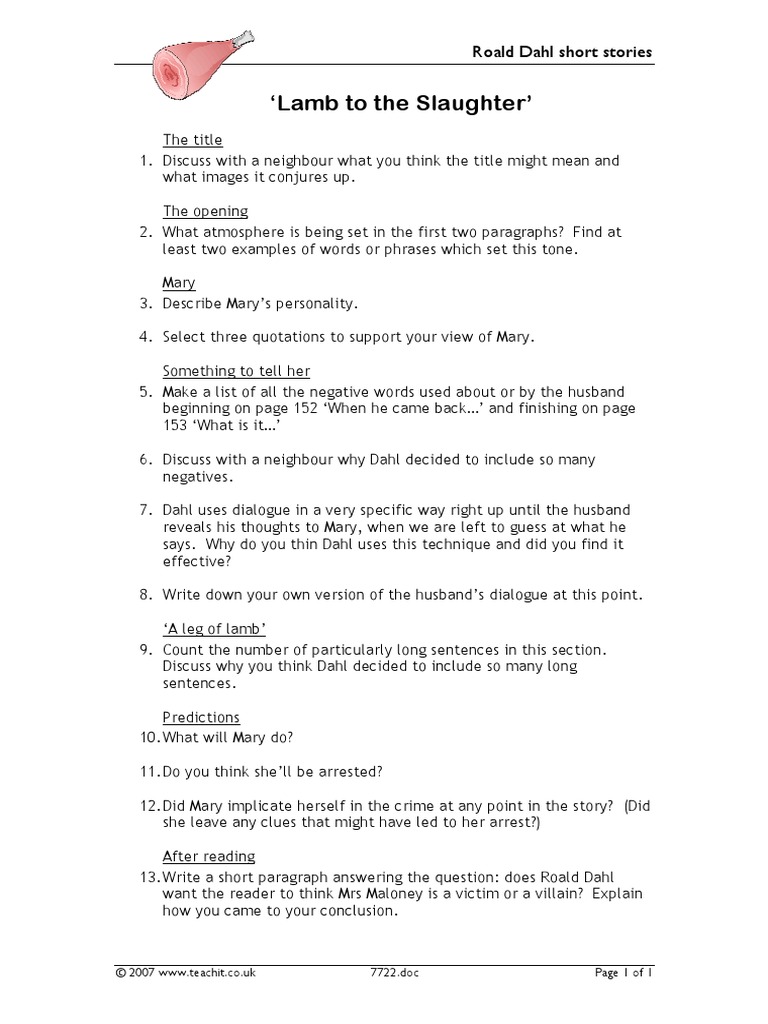 Lamb To The Slaughter': Roald Dahl Short Stories | PDF | Language Arts ...