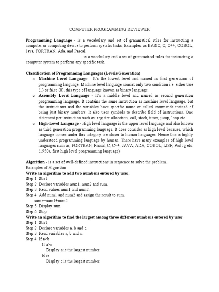Computer Programming Reviewer Pdf Control Flow Computer Programming 