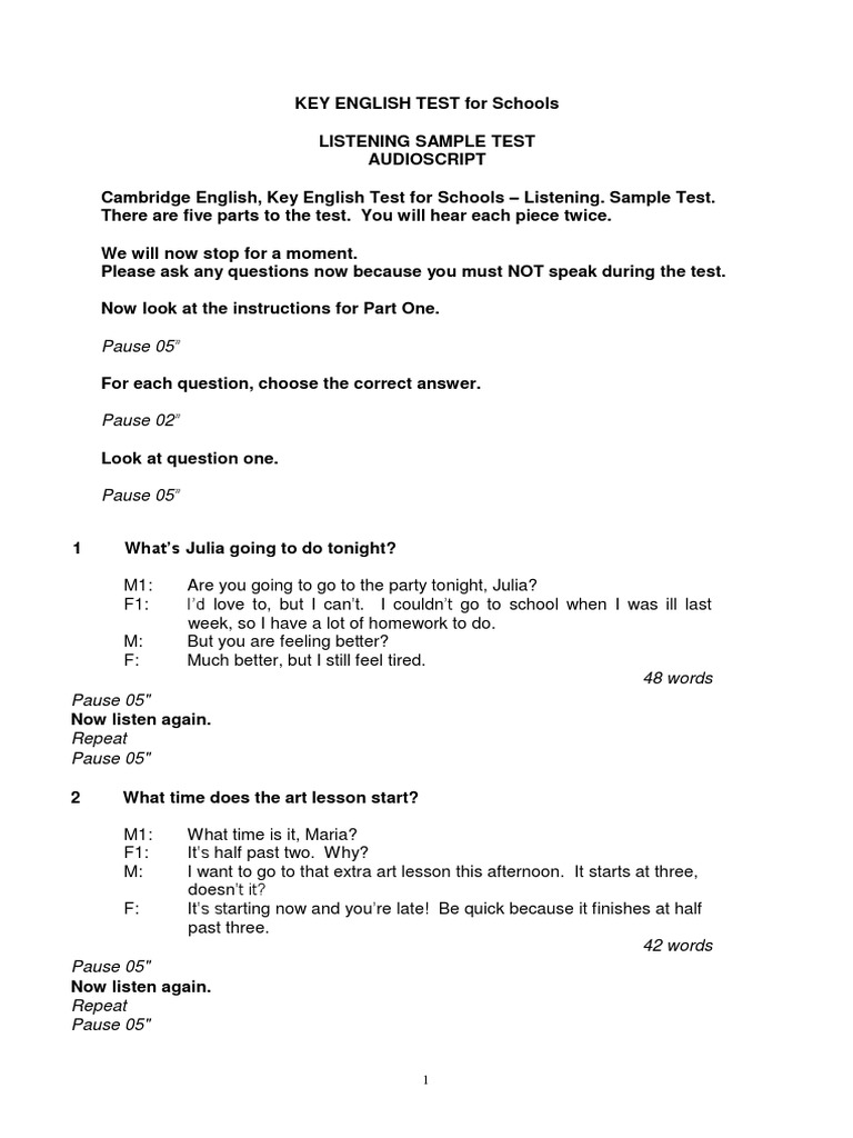 Key English Test for Schools Listening Audioscript | PDF