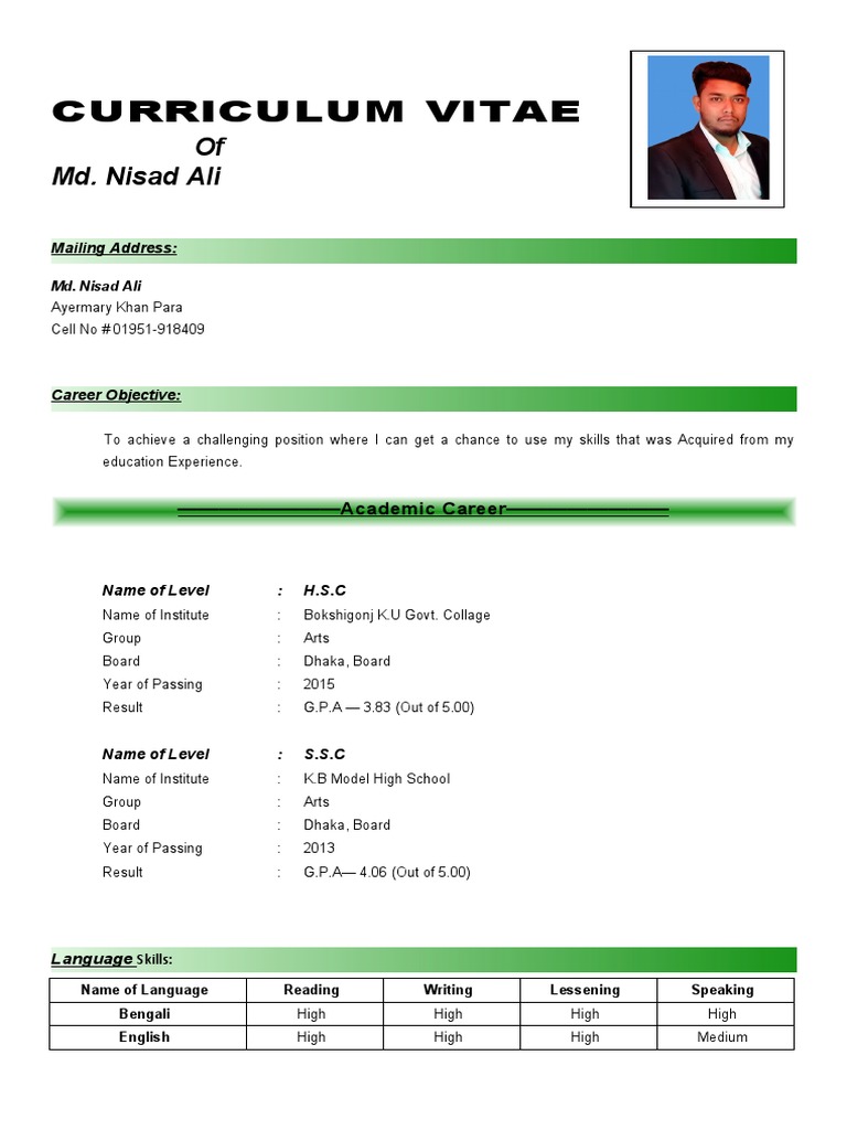 Curriculum Vitae: of Md. Nisad Ali | PDF | Behavior Modification ...