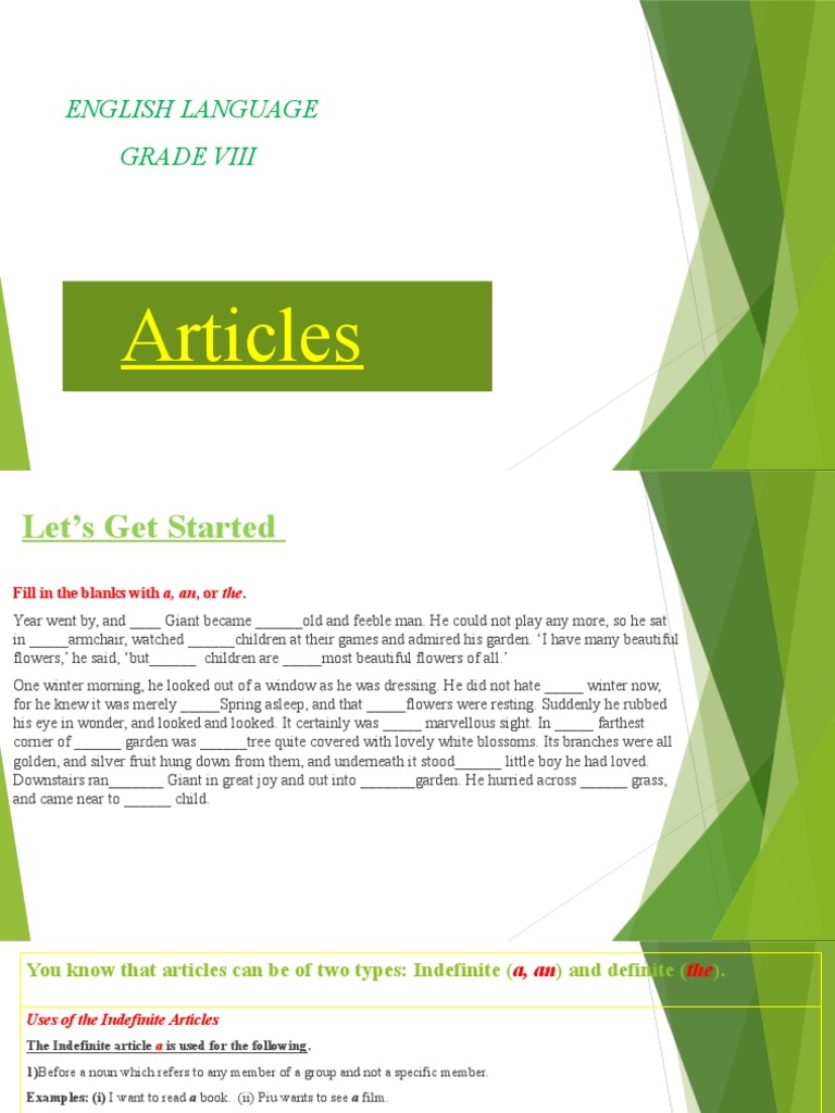 Articles PPT Grade 8th | PDF | Noun | Morphology