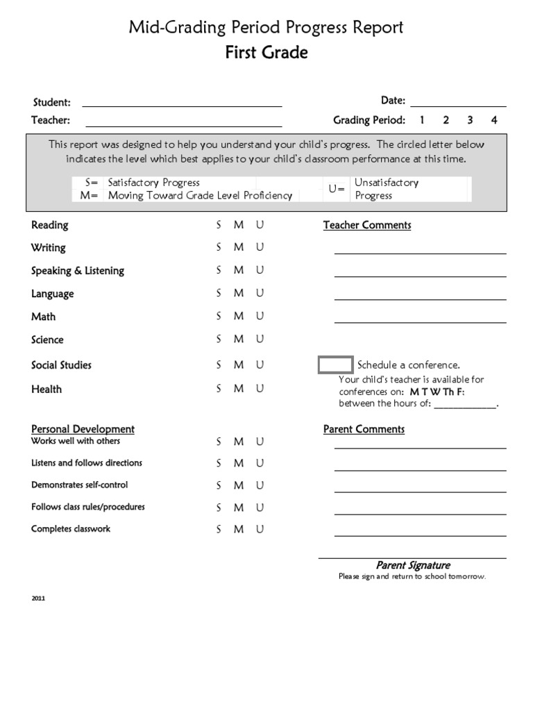 First Grade Progress Report Template | PDF | Wellness