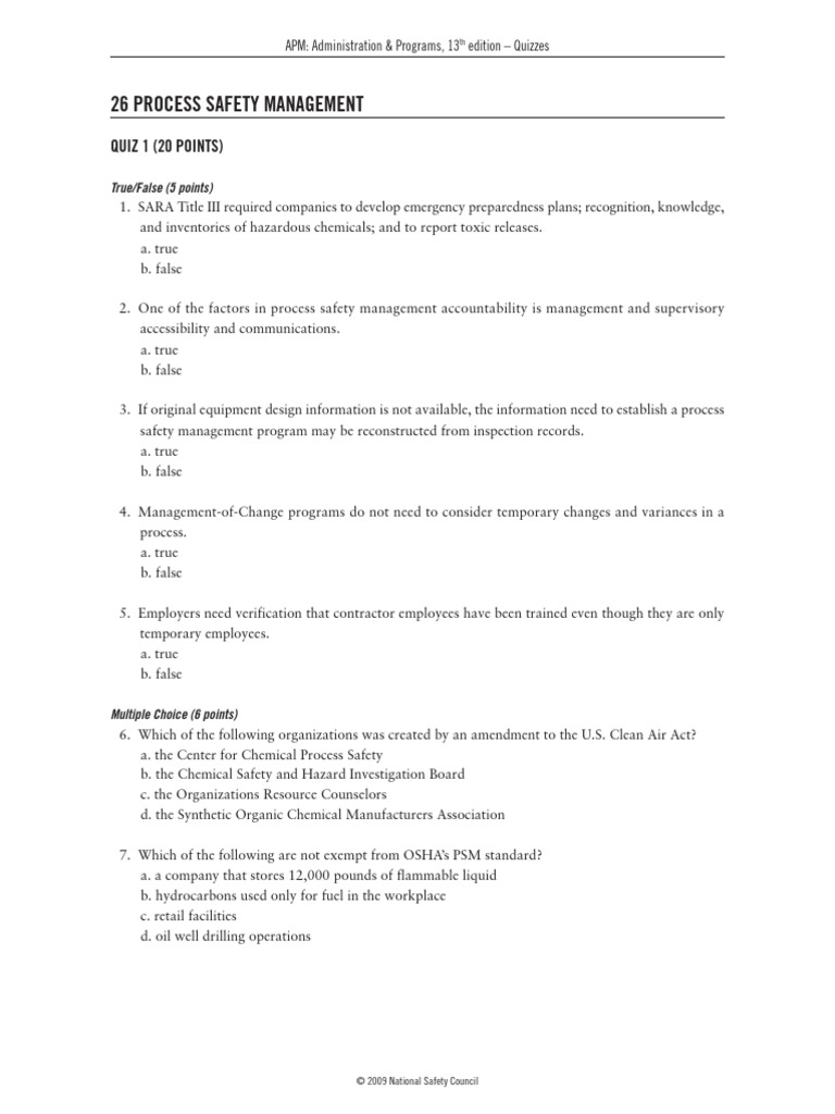 26 Process Safety Management: Quiz 1 (20 Points) | PDF | Occupational ...