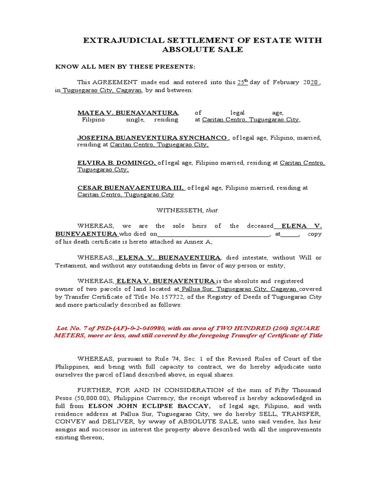 Extrajudicial Settlement of Estate With Absolute Sale | PDF | Civil Law ...