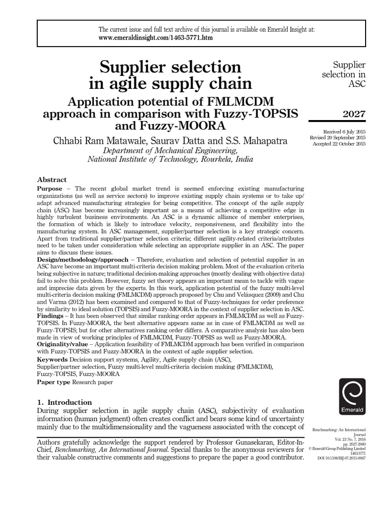 Supplier Selection In Agile Supply Chain Pdf Supply Chain Management Decision Making