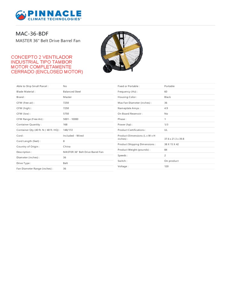 MAC-36-BDF: MASTER 36" Belt Drive Barrel Fan | PDF