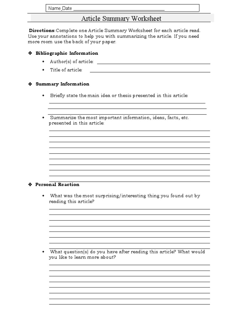 Directions:Complete One Article Summary Worksheet For Each Article Read ...